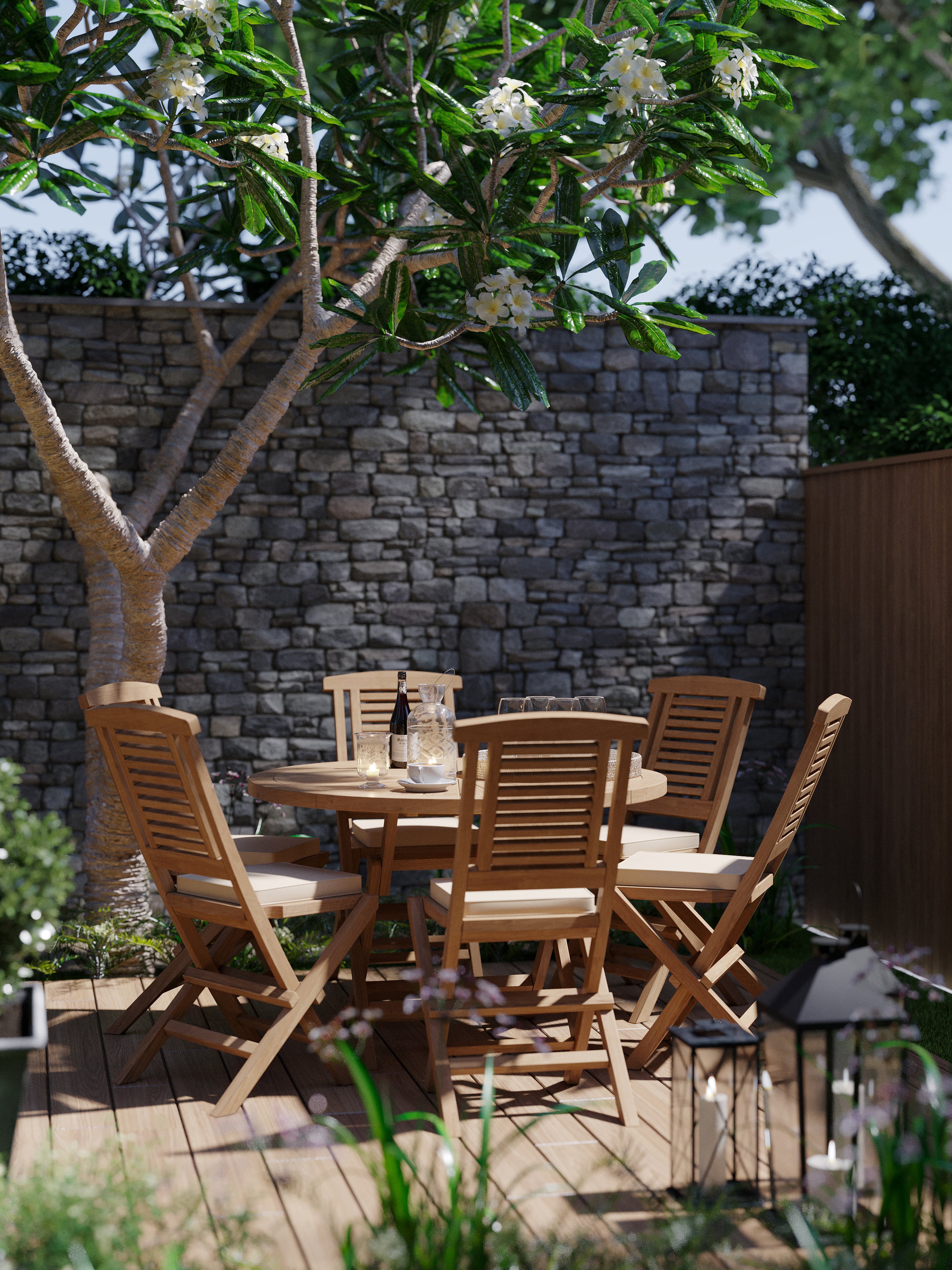 Teak 120cm Round Sunshine Folding Table with 6 Hampton Folding Chairs,
