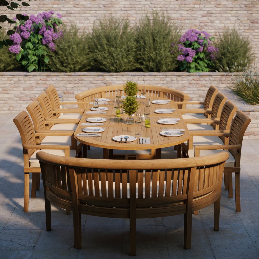Teak Oval 2m to 3m Extending Table with 8 Oxford Stacking Chairs & 2 S