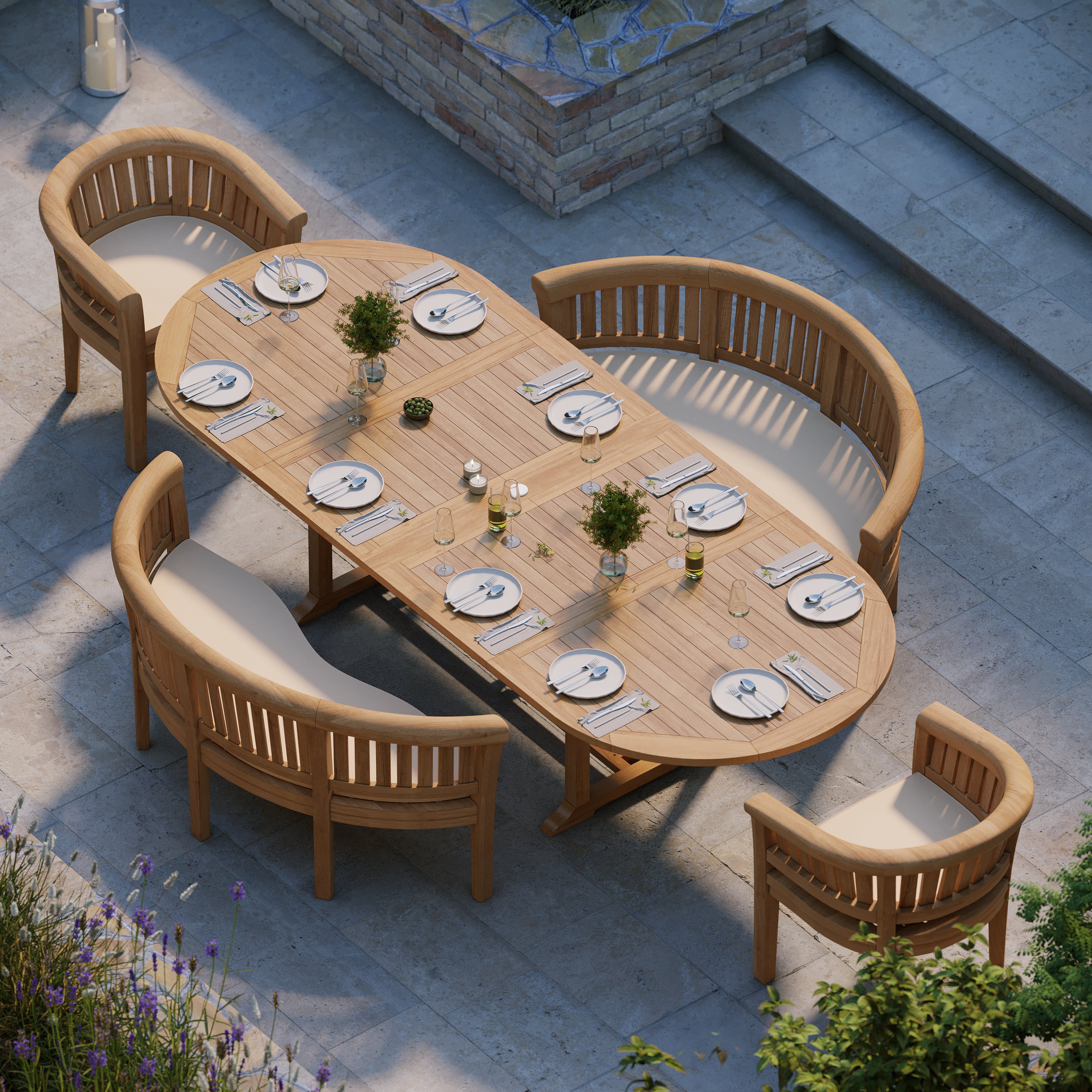 Teak Oval 2-3m Extending Table 4cm Top with 2 San Francisco Chair & 2